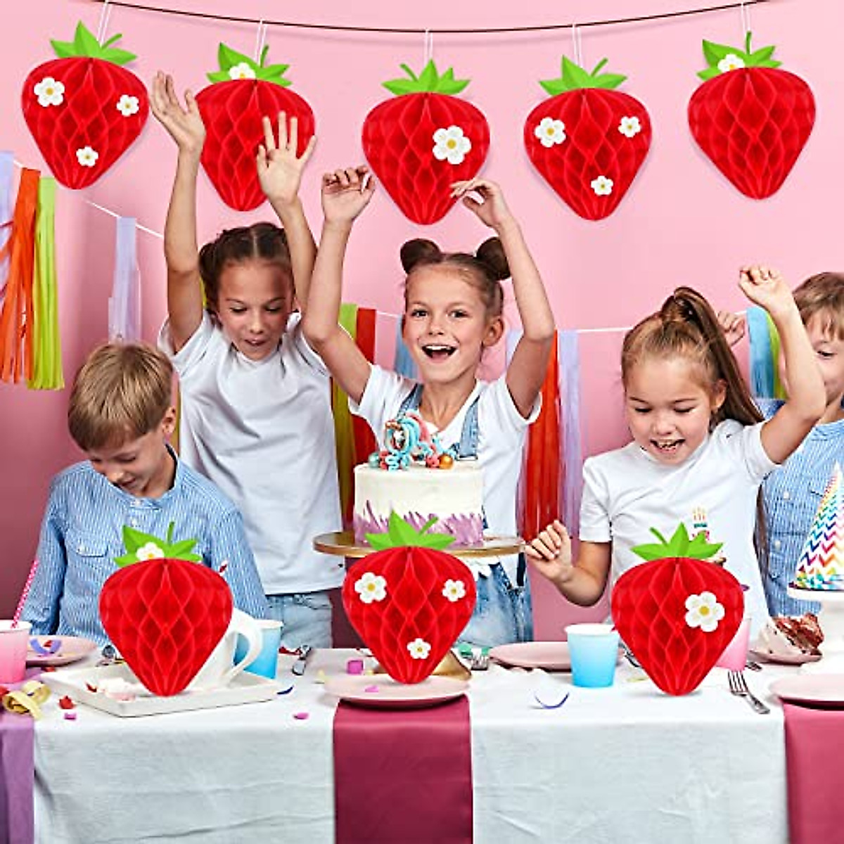 9 Pcs Orange Honeycomb Balls Orange Birthday Party Supplies Favors Cactus Strawberry Table Centerpieces Tissue Paper Honeycomb Tabletop Hanging Decors Decorations for Party Baby Shower (Strawberry)