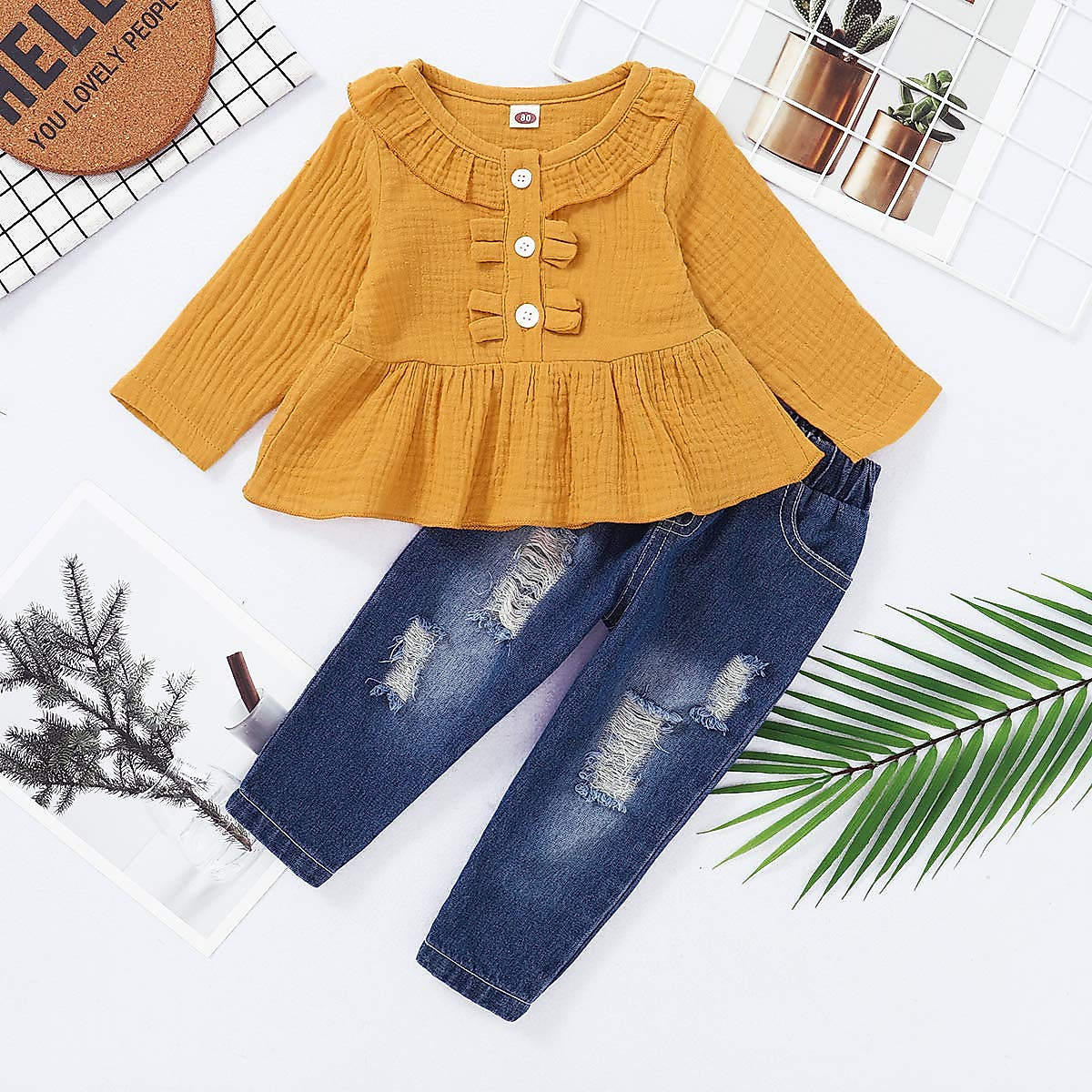 18 Months Girl Clothes Toddler Baby Girl Outfits Fall Long Sleeve Top Ripped Jeans Set Winter Baby Girl Clothes 18-24 Months Yellow