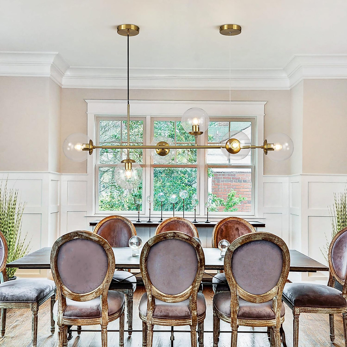 KCO Lighting 6 Light Bubble Chandelier Lighting Clear Glass Globe Chandelier Brass Gold Linear Chandelier Mid Century Modern Pendant Light for Living Room Kitchen Island Dining Room