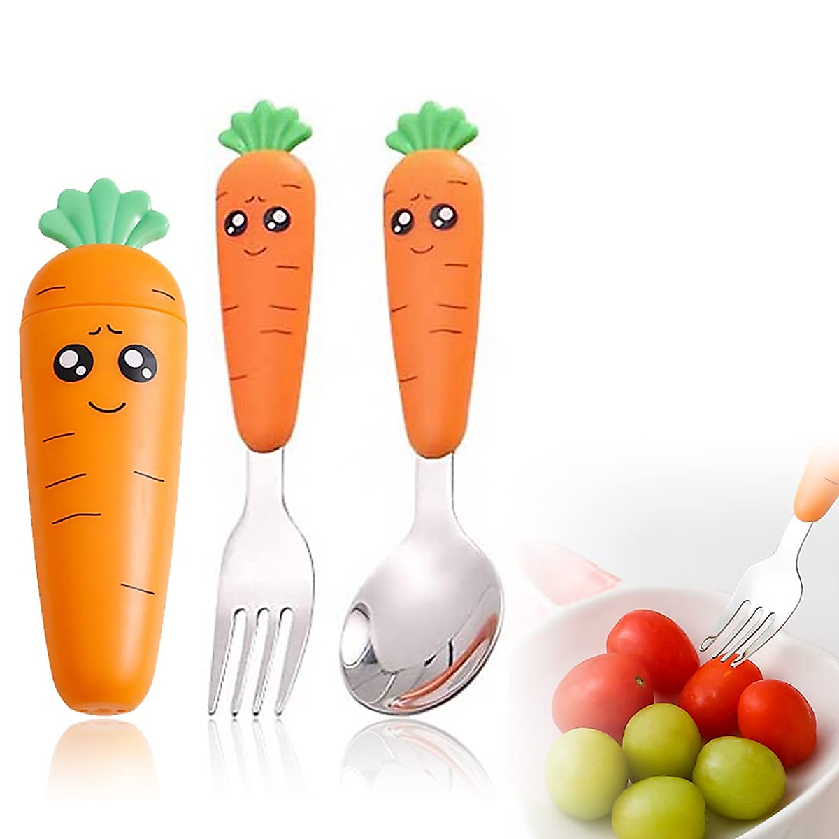 Travel Cutlery Set Baby With Case, 2 PCS Toddler Utensils, Kids Spoon And Fork Self-Feeding, Carrot Child Flatware Sets, Stainless Steel Fun Baby Silverware