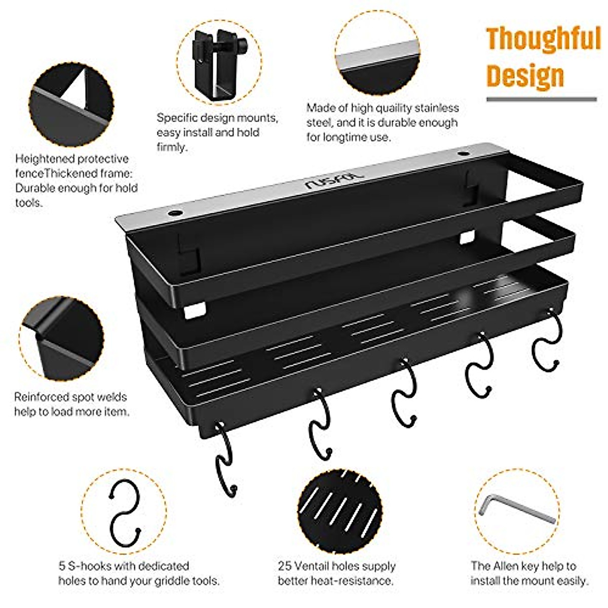 RUSFOL Upgraded Stainless Steel Griddle Caddy for 28"/36" Blackstone Griddles, with a Allen Key, Space Saving BBQ Accessories Storage Box, Free from Drill Hole&Easy to Install