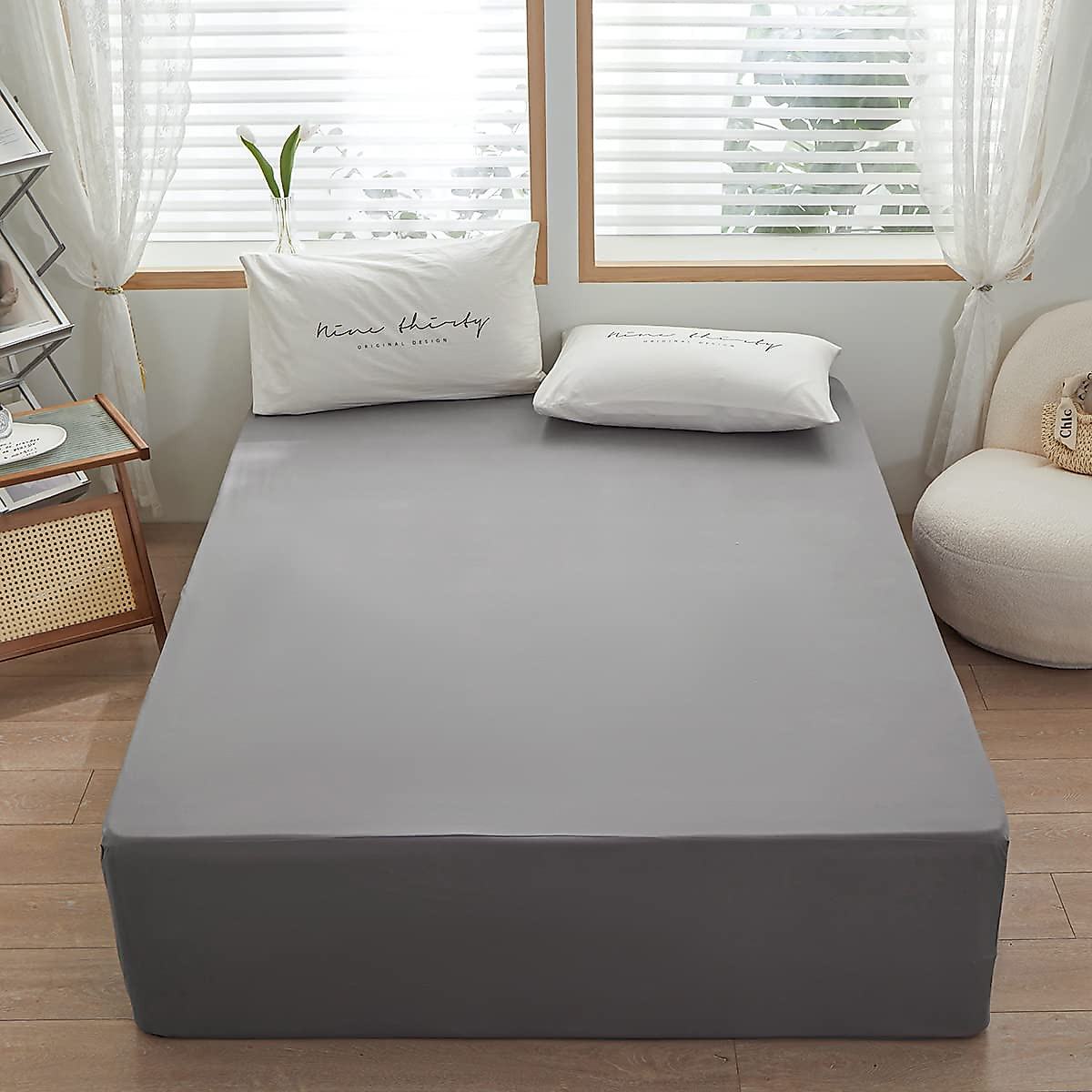 Bedding Twin Size Fitted Sheet Only-Twin Size Deep Pocket Bottom Fitted Sheet Fits 15inches Bed Matress Sheet Soft and Microfiber Easy Care-Light Gray