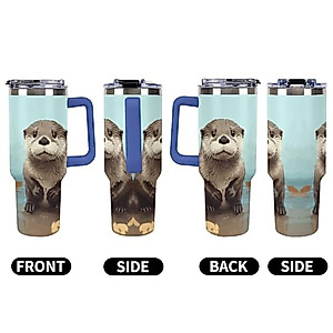 LLUTSNTH 40 Oz Vacuum Tumbler with Deep Blue Handle Leakproof Insulated Tumbler Cute Otter Stainless Steel Travel Mug with Lid And Straw Coffee Cup Cute Water Bottles Cup Holder Friendly