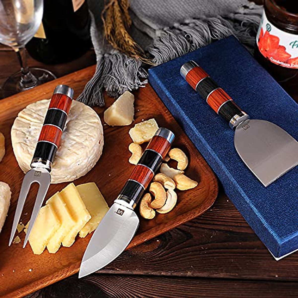 yq 3 Pieces Cheese Knives Set for Charcuterie Boards,Colorful Wooden Handle Cheese Knife Set for Soft Hard Cheeses,Parmesan Knife Cheese Cutter Serving Fork,Gift Box