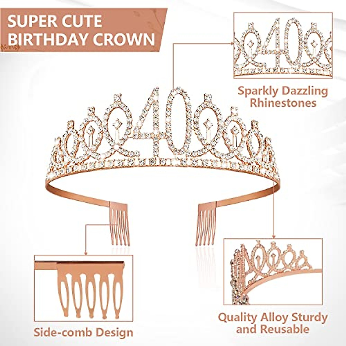 GOGOPARTY 40th Birthday Gifts for Women, Rose Gold 40th Birthday Decorations Including 40th Birthday Crown, Sash, Cake Topper, Candle, Compact Mirror, Birthday Card, 40th Birthday Gift Set for Women