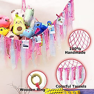 Stuffed Animal Net or Hammock with LED Light, Macrame Stuffed Animal Storage Hanging Toy Net with Tassels, Corner Plush Toy Hammock Organizer Mesh Holder for Nursery Playroom Bedroom(Battery Included)