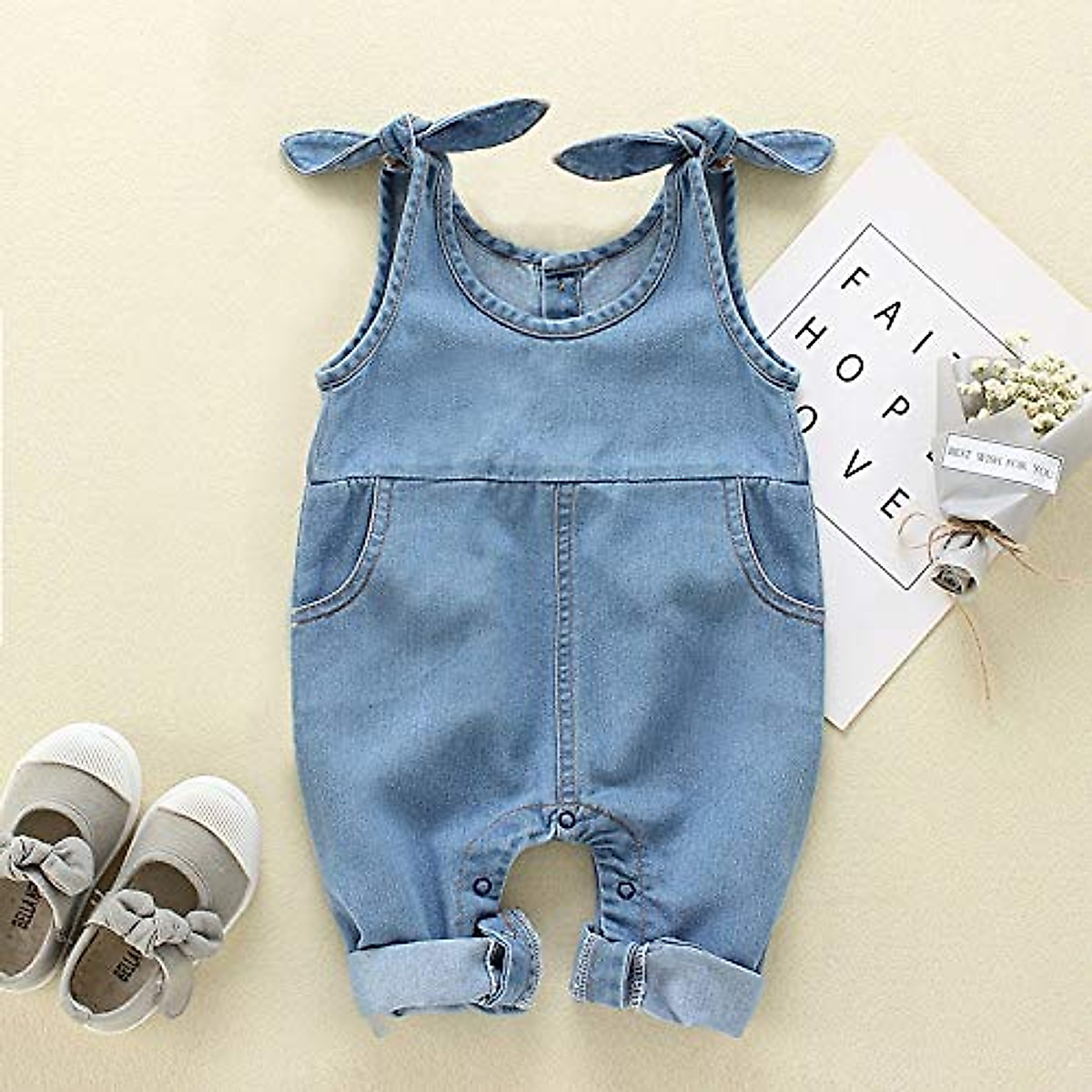Happy Town Newborn Infant Baby Girls Denim Bodysuit Halter Sleeve Romper Jeans Overalls (Denim, 9-12 Months)