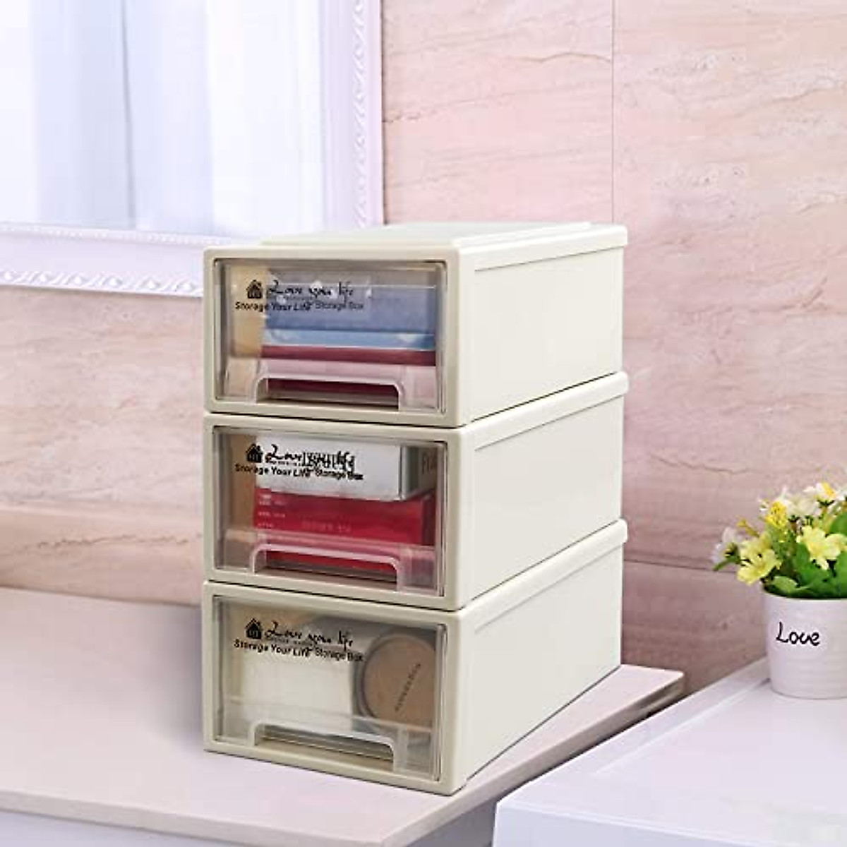 Sosody Plastic Compact Stacking Storage Drawer Unit, 6 Quart, 3 Packs