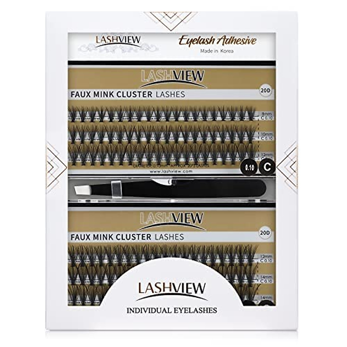 LASHVIEW Diy Lash Extension Kit, C Curl Cluster Eyelash Extensions Kit, Diy Eyelash Extension Kit with Glue and Tweezers(0.10 20Roots 8-14mm)