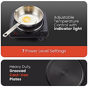 Elite Gourmet ESB-301BF Countertop Single Cast Iron Burner, 1000 Watts Electric Hot Plate, Temperature Controls, Power Indicator Lights, Easy to Clean, Black