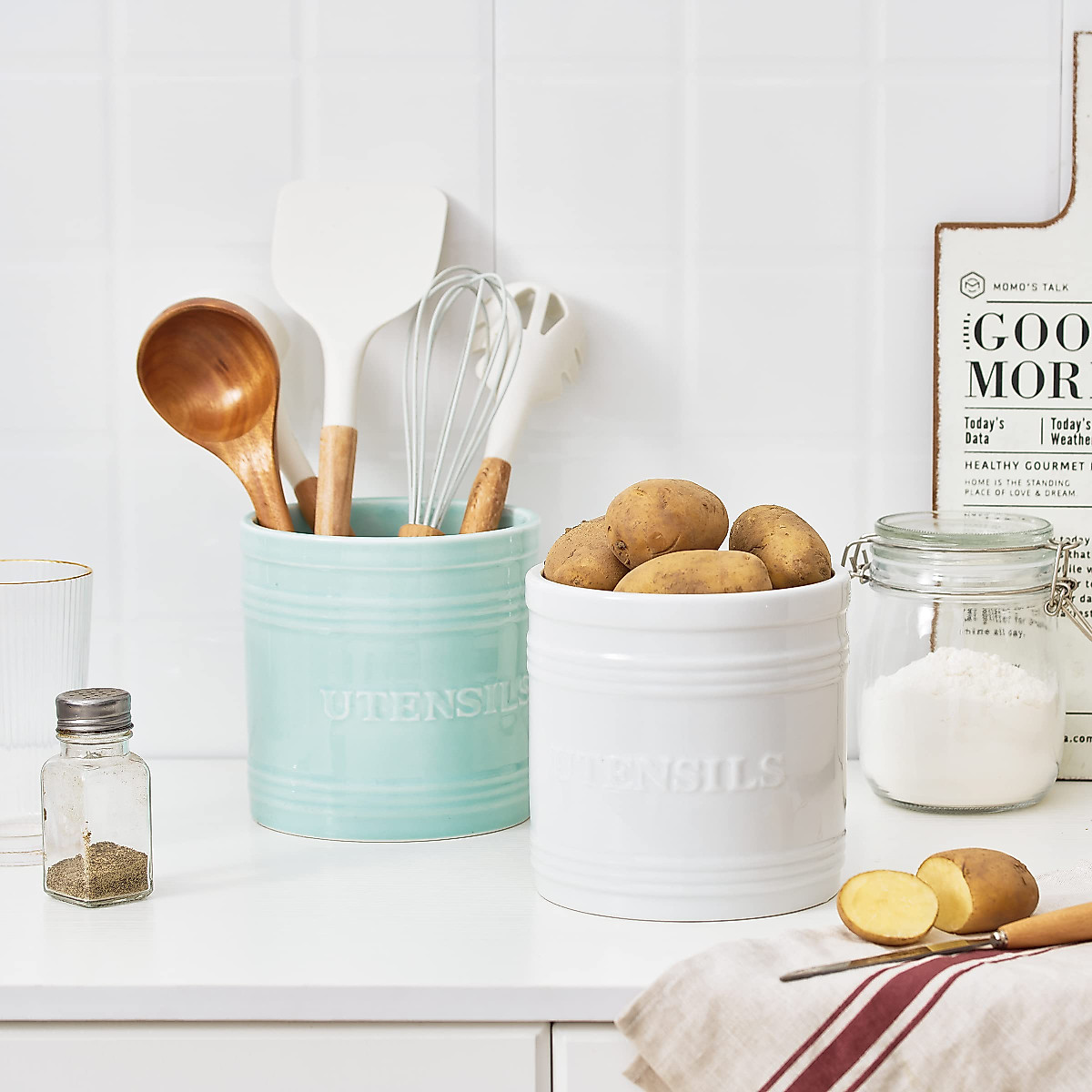 Kitchen Utensil Holder for Countertop 5.9 inch Porcelain Utensil Crock for Kitchen Deep and Large, Turquoise