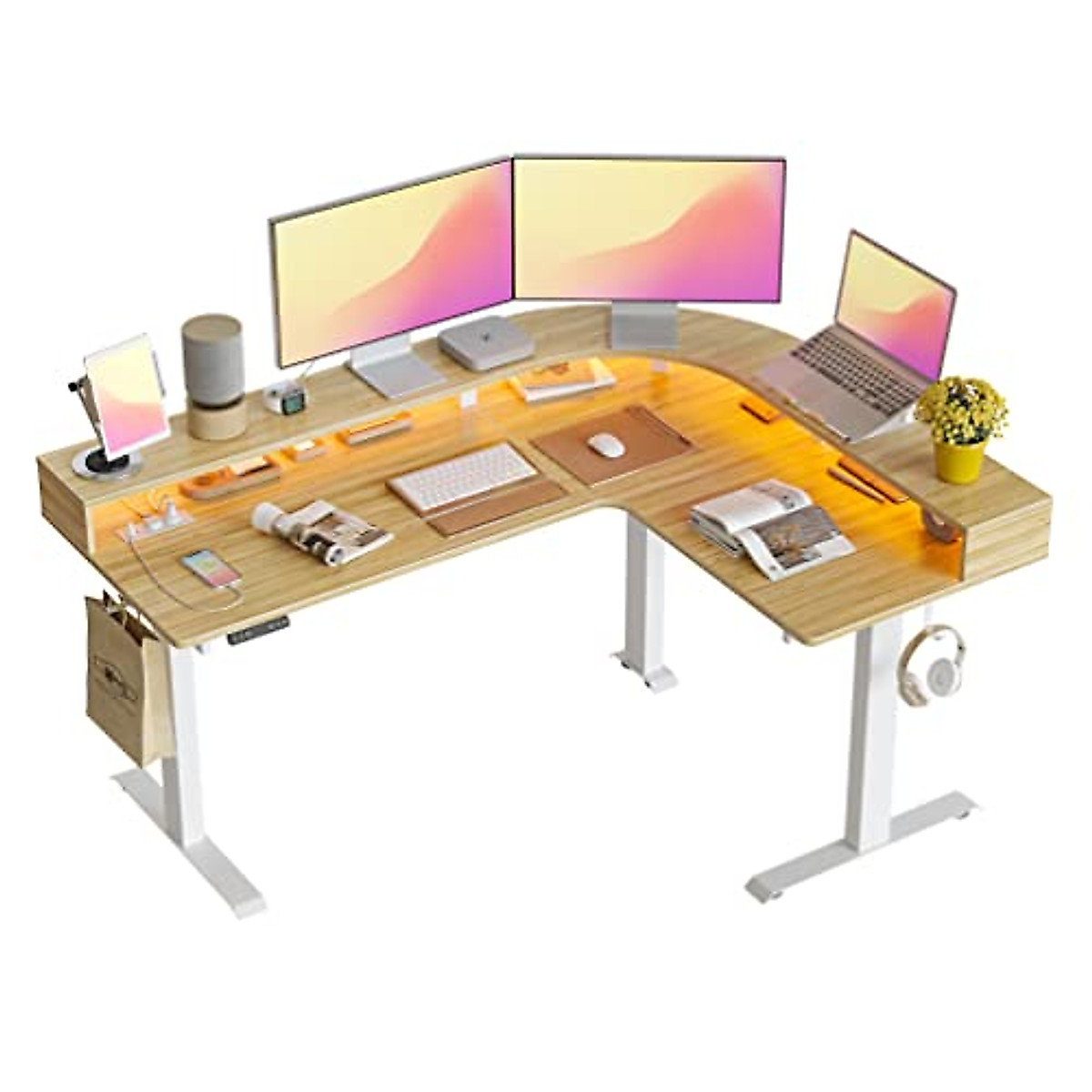 FEZIBO Triple Motor L Shaped Stadning Desk with LED Strip & Power Outrlets，63 inches Height Adjustable Stand up Corner Desk with Ergonomic Monitor Stand, White Frame/Natural Top