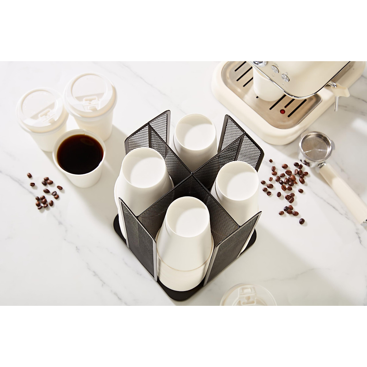 Annova Paper Cup and Lid Holder Plastic Cup Storage Organizer, 360°Rotating Coffee Cup Dispenser with 4 Compartments, Multifunctional Cup Storage Rack for Home, Office, Bar, Coffee Shop (Black)