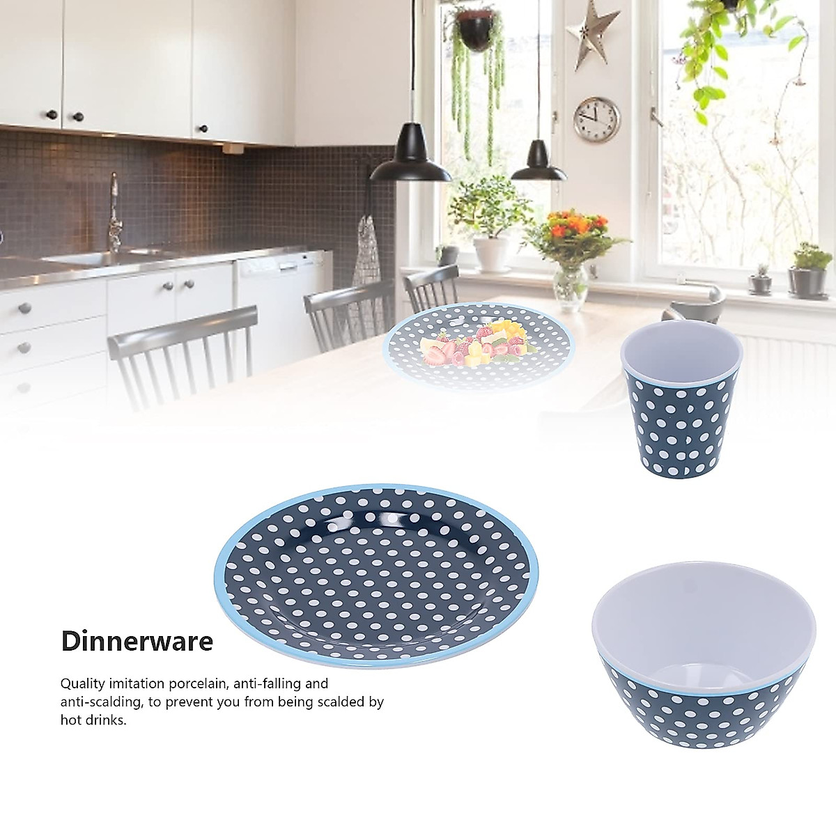 Topyond Premium Dark Blue Dot Dinnerware Set for Home and Restaurant,Service for 4(12Pcs),Includes Cups, Salad Bowls, and Plates - Elegant and Durable