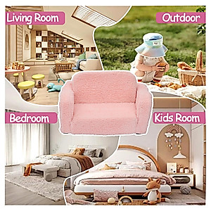 VINYUSE Toddler Couch, 2-in-1 Kids Toddler Soft Sherpa Couch, Convertible Sofa to Lounger, Fold Out Sofa Chair for Girls and Boys, Pink, M