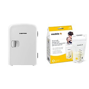 Chefman Mini Portable White Personal Fridge Cools Or Heats & Provides Compact Storage For Skincare, Snacks & Medela Breastmilk Storage Bags, 50 Count (Pack of 1)