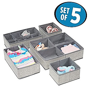mDesign Soft Fabric Dresser Drawer and Closet Storage Organizer Set for Child/Baby Room or Nursery - Large Set of 5 Organizers, Textured Print - Gray