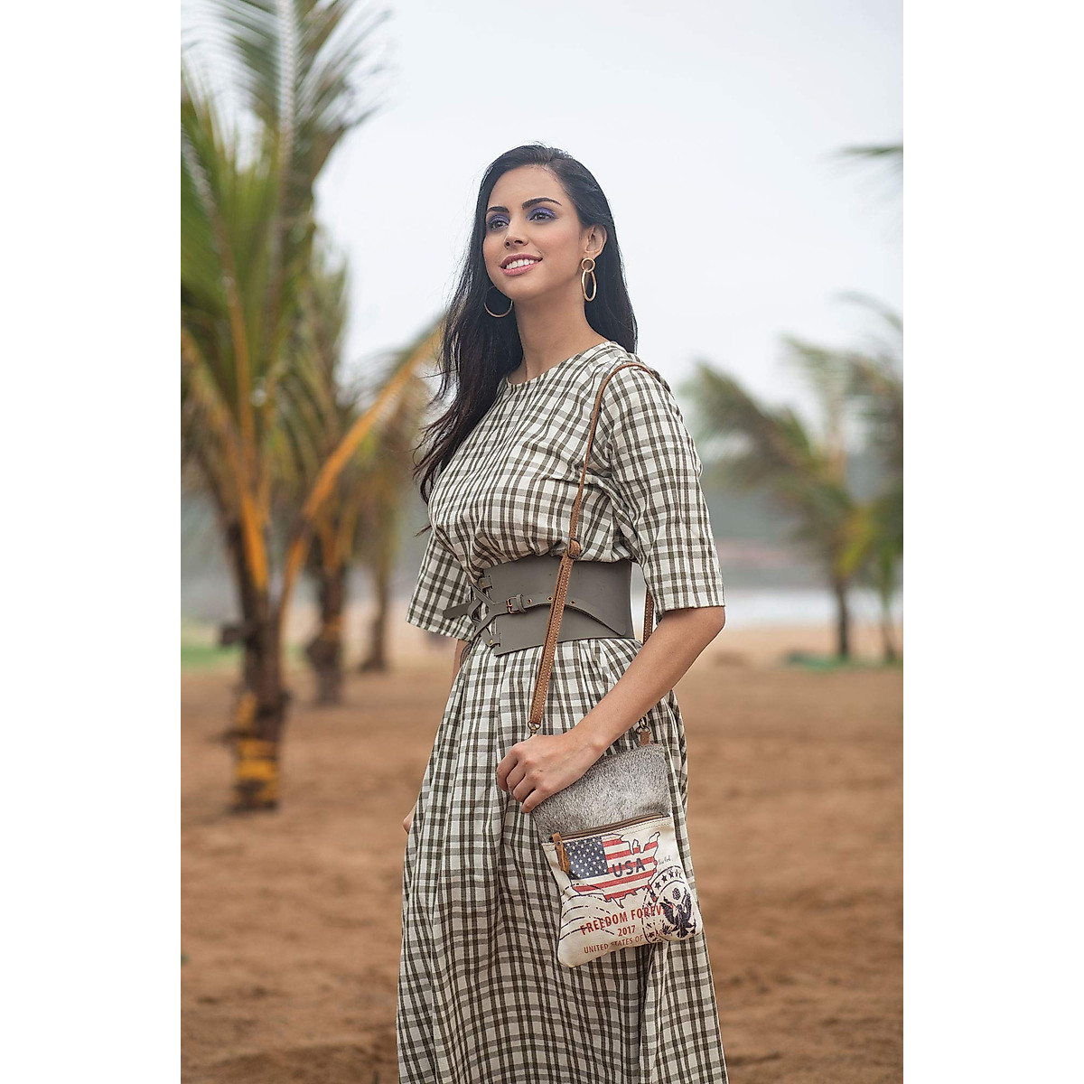 Myra Bag Freedom Forever Upcycled Canvas & Cowhide Leather Small Crossbody Bag S-1258 , Brown , One Size