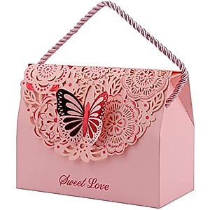 Driew Butterflies Purse Party Favor bags, 20 Pack Baby Shower Candy Gift Chocolate Favor Box Set with Handle for Wedding Decorative, Anniversary, Birthday Parties, Bridal Showers - Pink, 5.8"x2.9"x4.3"