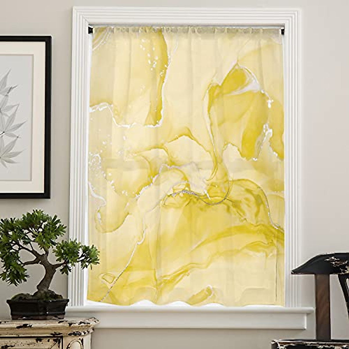 Chiffon Sheer Curtains & Drapes 45 Inch Long, Lightweight Breathable Voile Window Curtain Panels Yellow Marble with Gold Silver Glitter Splatter Curtains Backdrop Drapes for Bedroom Livingroom Wedding