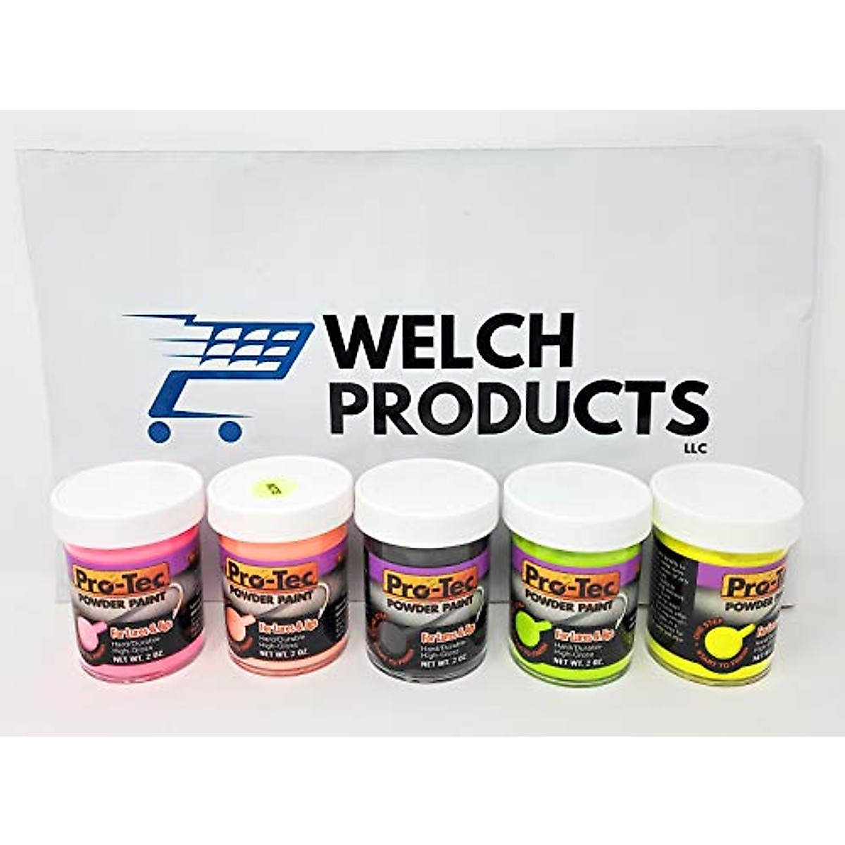 Welch Products 5 x 2oz Pro-Tec Jigs and Lures Powder Paints, Jig Head Fishing Paint, Fishing Lure Paint - High Gloss Powder Coating Paint - Hot Pink, Green & Yellow Chartreuse, Black, Blaze Orange