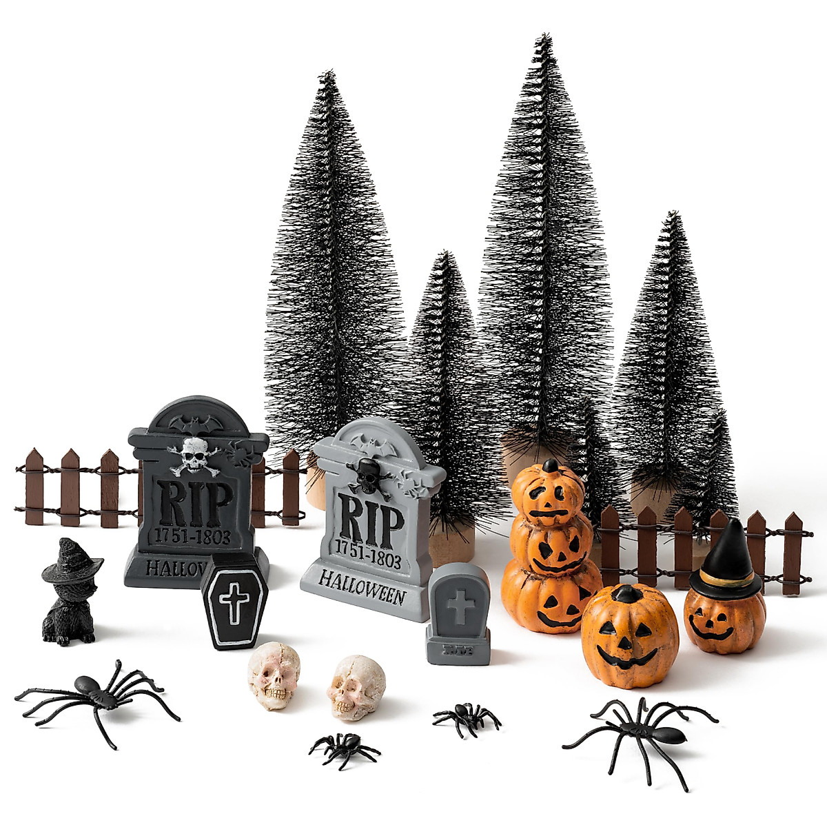 W1cwey Halloween Village Scene Ornaments Accessories, Set of Pumpkin, Tombstones, Skeletons, Spiders, Black Cat, Pine Trees, Resin Miniature Garden Scene Decor for Halloween Party
