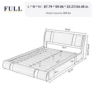 Allewie Full Size Bed Frame with Iron Piece Decor, Faux Leather Upholstered Platform Bed with Adjustable Headboard & Strong Wooden Slats, No Box Spring Needed, White