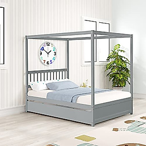 HAUSHECK Full Size Canopy Bed Frame with Trundle, Four-Poster Canopy Platform Bed Frame with Headboard for Kids, Teen, Adults, Sturdy Wooden Slatted Structure, No Box Spring Needed, Easy Assembly