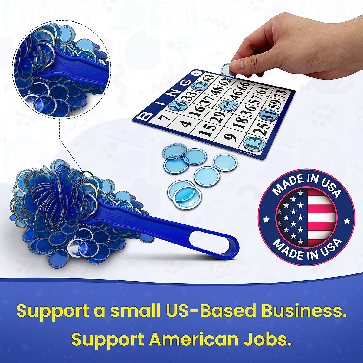 MR CHIPS Made in USA Bingo Magnetic Wand & ¾ Inch Blue 100 Upgraded Pieces Chips Plastic with Metal Rings - Support American Jobs