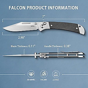 LOTHAR Falcon Pocket Knife, 2.98" 14C28N Steel Blade EDC Knife, G10 Handle, Pocket Folding Knife with Clip, Button Lock Knife, Gifts Pocket Knife for Men Women (Sliver)