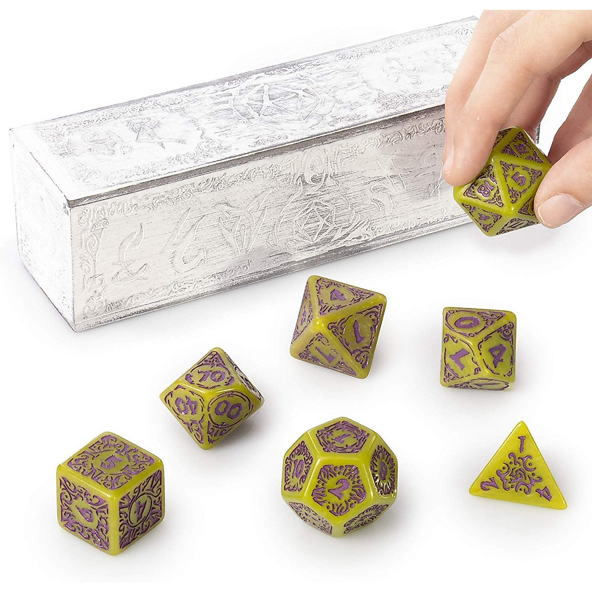 Wiz Dice Titan 25mm Dice - Large Polyhedral Dice Set for Various Role Playing Dice Games - Achlys 7 Cnt -DND Dice Set with a Wooden Dice Box - Includes D4, D6, D8, D10, D10(0), D12 & D20