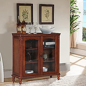 Sophia & William Sideboard Buffet Cabinet, Accent Wood Display Storage Cabinet with Glass Double Doors and Adjustable Shelves for Kitchen Living Dining Room Office, Embossed Frame
