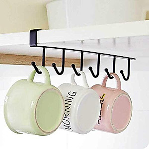 6 Hooks Kitchen Wrought Iron Hook Cabinet Storage Rack Wall Hanging Cup Holder Multi-Function Shelf Storage Organizer
