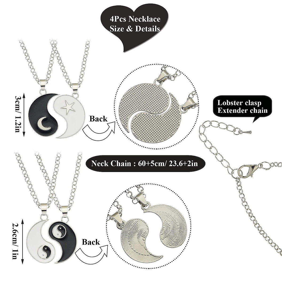RechicGu Gold and Silver 8 Pieces Yin Yang Bff Couples Matching Necklace Adjustable Cord Bracelet and Key Chain Rings Enamel Feng Shui for Boyfriend Girlfriend Friendship Valentine Gift