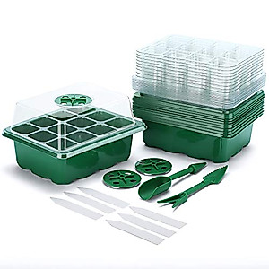 Delxo 10-Pack Seed Starter Kit Seedling Starter Tray (12 Cells per Tray) Humidity Adjustable Plant Germination Kit Garden Seed Starting Tray with Dome and Green Base Plus Plant Tags Hand Tool Kit