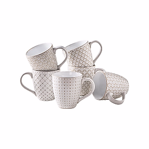 DOWAN Coffee Mugs Set of 6, 19 oz Large Mug, Ceramic Embossment Stoneware Tea Cups with Handle for Men Women, Handcrafted Mug Gift Set, Housewarming Wedding Gift