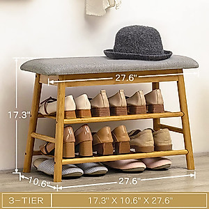 IOTXY Shoe Rack Storage Bench - Bamboo Shoe Shelf with Cushioned Seat and Organizer Compartment, Upholstered Bench for Entryway, Hallway, Bedroom, 27.6"