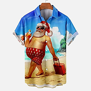 Lcxifdre Christmas Bowling Shirts for Men Xmas Santa Short Sleeve Button Down Shirt Hawaiian Daily Streetwear Tops Casual Tee Light Blue