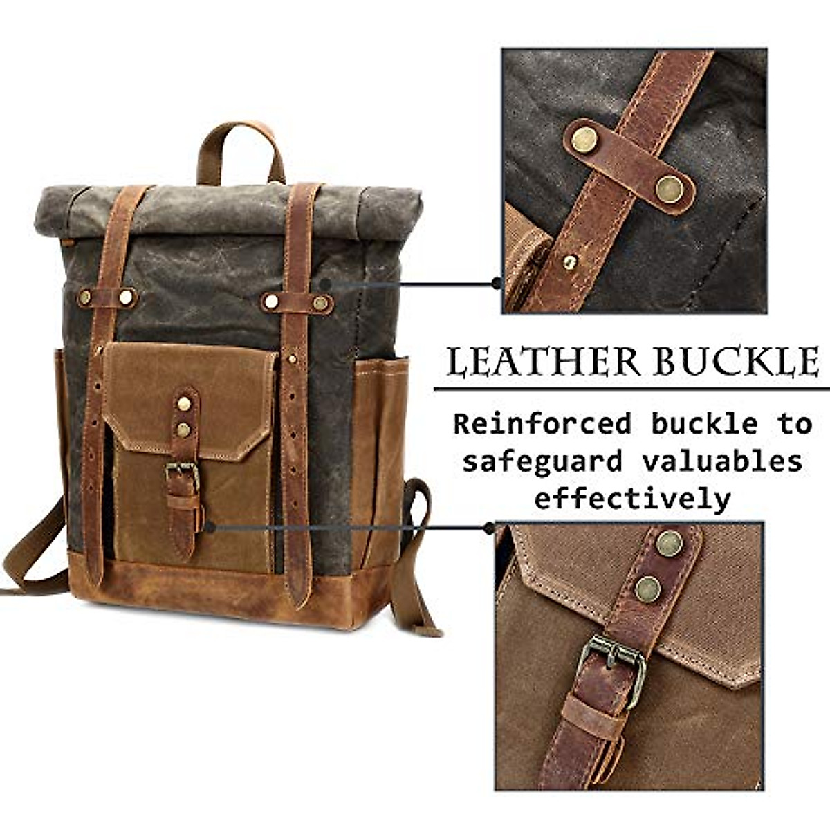 Mwatcher Canvas Leather Backpack Waterproof Rucksack for College Weekend Travel Fit 15in laptops