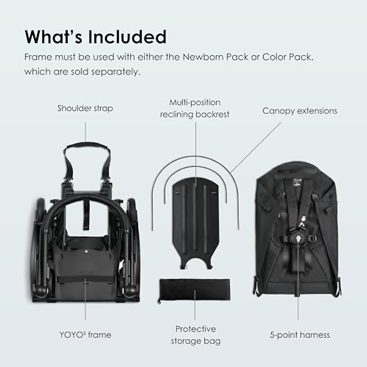 Babyzen YOYO2 Stroller Frame, Black - Includes 5-Point Harness, Multi-Position Reclining Backrest, Canopy Extensions, Padded Shoulder Strap & Protective Storage Bag