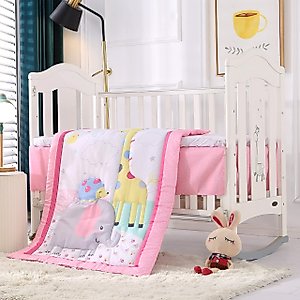 VIVILINEN Pink Elephant Crib Bedding Set for Girls 3 Pieces Giraffe Hedgehog Animals Infant Nursery Baby Crib Comforter Set with Crib Bed Blanket Quilt Fitted Sheet Skirt Set