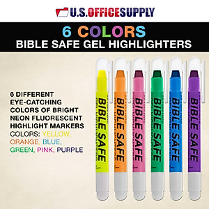 U.S. Office Supply Bible Safe Gel Highlighters, 6 Pack Set - 6 Different Bright Neon Fluorescent Highlight Colors Yellow, Orange, Pink, Purple, Green, Blue - Won't Bleed, Fade or Smear - Study Guide
