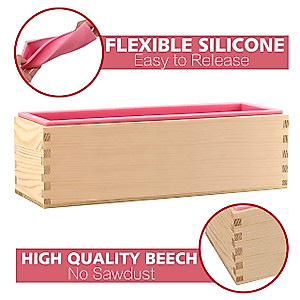 LERYKIN Rectangular Soap Mold Kit with Cutter- 42oz Flexible Silicone Loaf Soap Mold with Wood Box, Stainless Steel Wavy & Straight Scraper for Homemade Craft Soap Making Supplies