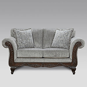 Roundhill Furniture Hernen Carved Wood Frame Loveseat, Gray
