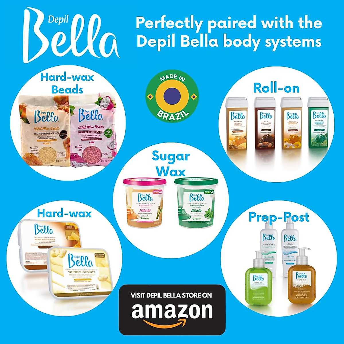 Depil Bella Roll On Wax Algae with Peppermint Depilatory | Body Waxing, Hair Removal Wax-Cartridge | For Men and Women | Home Self Waxing | Sensitive Skin | Painless (6 PACK + ADD)