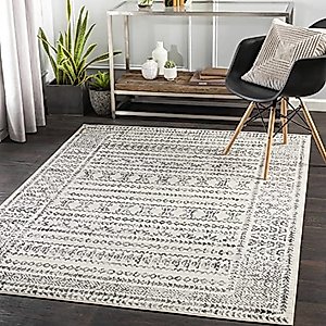 Greig Bohemian Farmhouse Living Room Bedroom Area Rug - Neutral Boho Carpet - Bordered - Off White, Black, Grey, Beige - 6'7" x 9'
