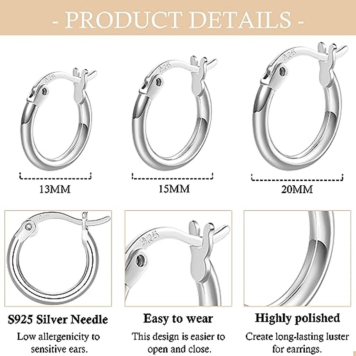 3 Pairs 925 Sterling Silver Hoop Earrings | Small White Gold Plated Hoop Earrings for Women (13mm, 15mm, 20mm)