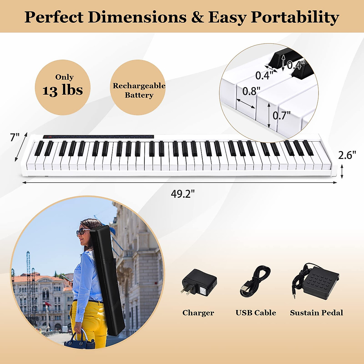 HONEY JOY Digital Piano 88 Key Semi-Weighted, Full Size Portable Electric Piano Keyboard with Sustain Pedal, MIDI Touch Sensitive Keyboard with Bluetooth, Musical Teaching Keyboard Toy (White)