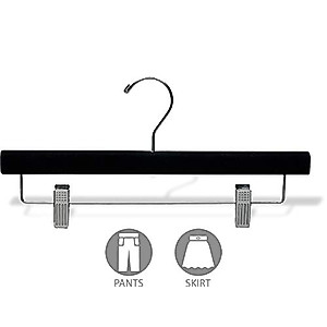 The Great American Hanger Company Black Velvet Pant Hanger w/Adjustable Cushion Clips, Box of 25 Flat Wood Bottom Hangers w/Chrome Swivel Hook for Jeans Slacks or Skirt