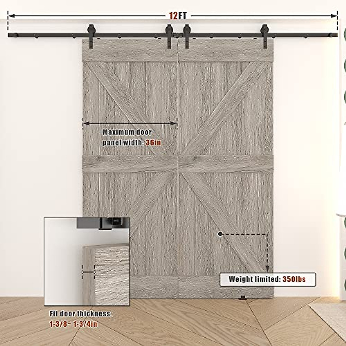Dondelight 12FT Sliding Barn Door Hardware Track Kit for Double Door, Heavy Duty Modular Sliding Door Track Hardware Set for Interior & Exterior Door